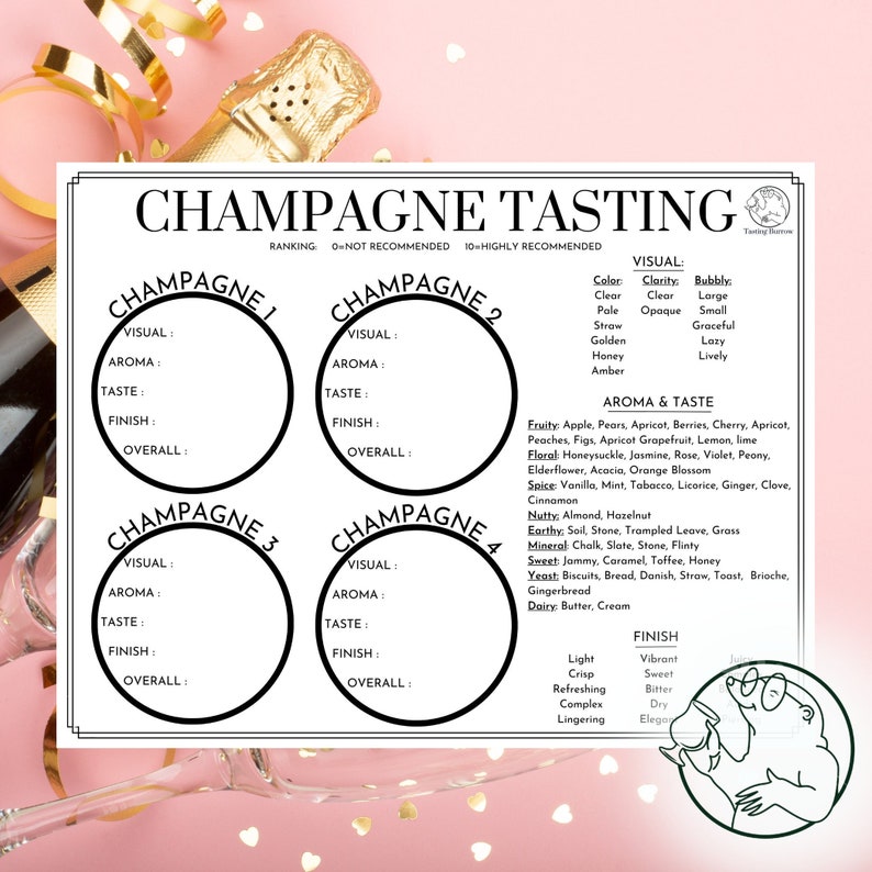 Champagne Tasting Guide & Scorecard, New Years Eve Champagne Party Game, Bridal Shower Champagne ...
