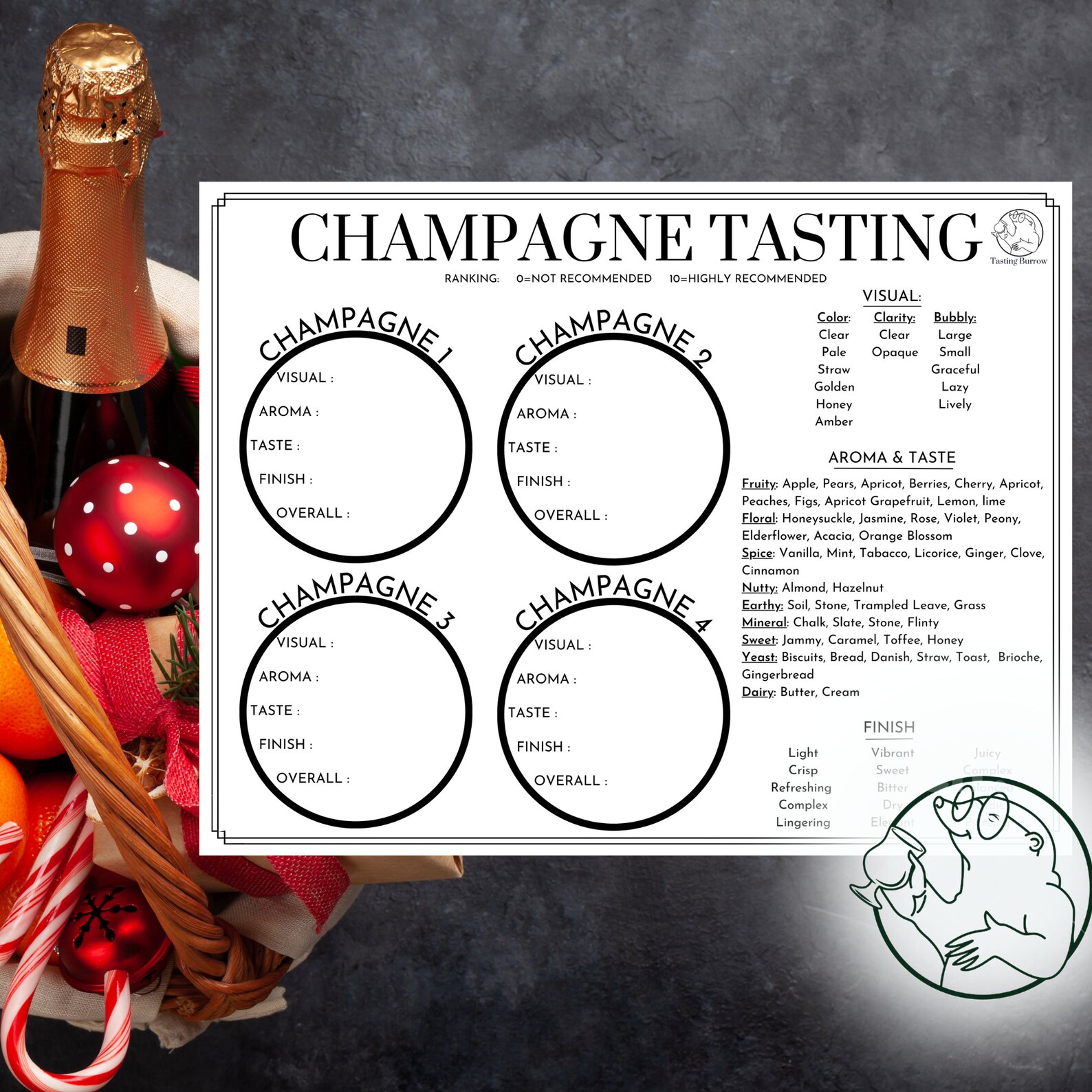 Champagne Tasting Guide & Scorecard, New Years Eve Champagne Party Game ...