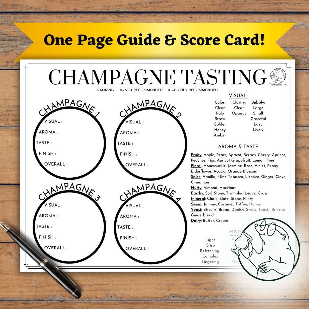 Champagne Tasting Guide & Scorecard, New Years Eve Champagne Party Game ...