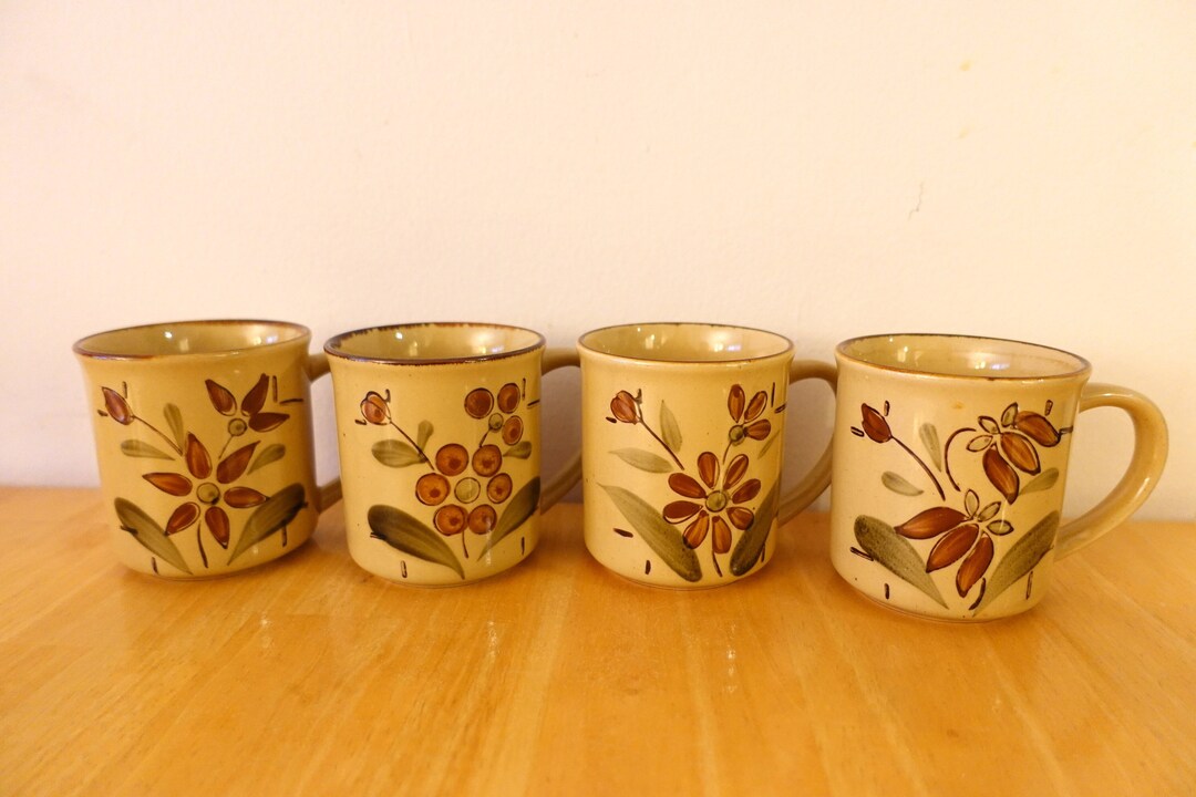 Vintage 1970s Brown Floral Ceramic Mugs | Retro Flower Power Brown Mugs ...