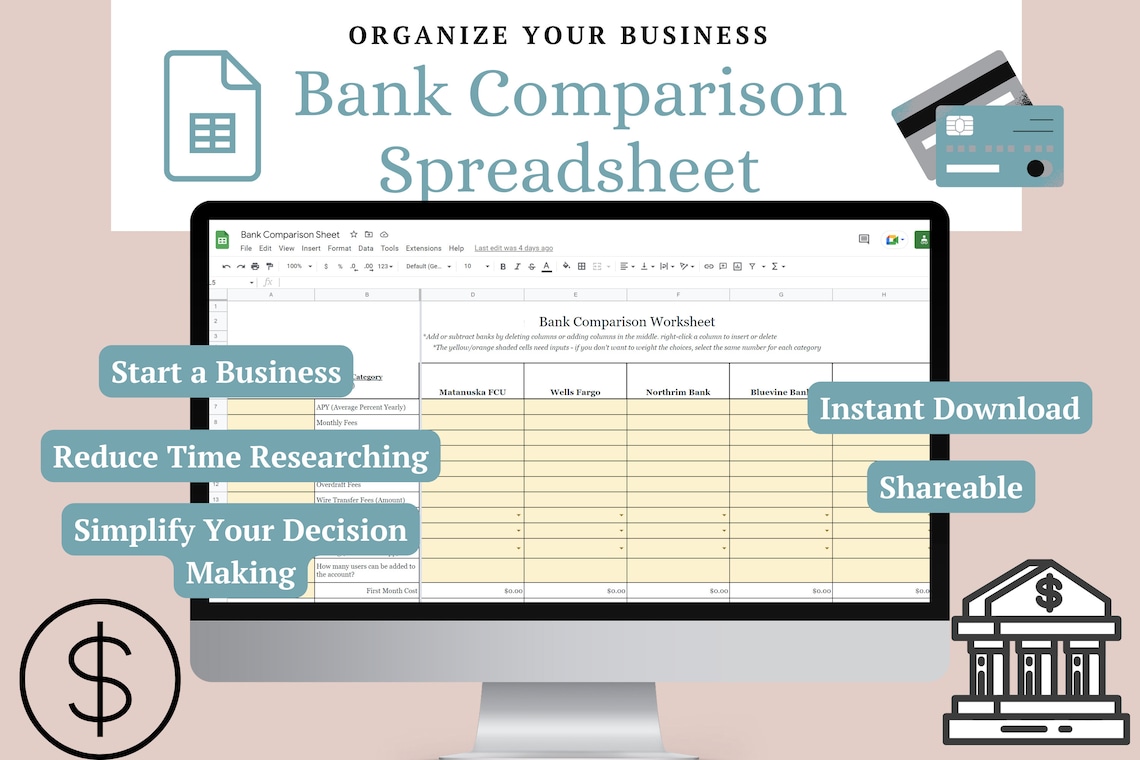 Bank Comparison Worksheet Spreadsheet | Compare Rates | Side by Side ...