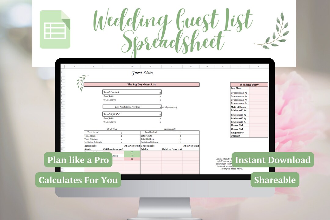 Wedding Guest List Spreadsheet | Personalized Planner | Calculates ...