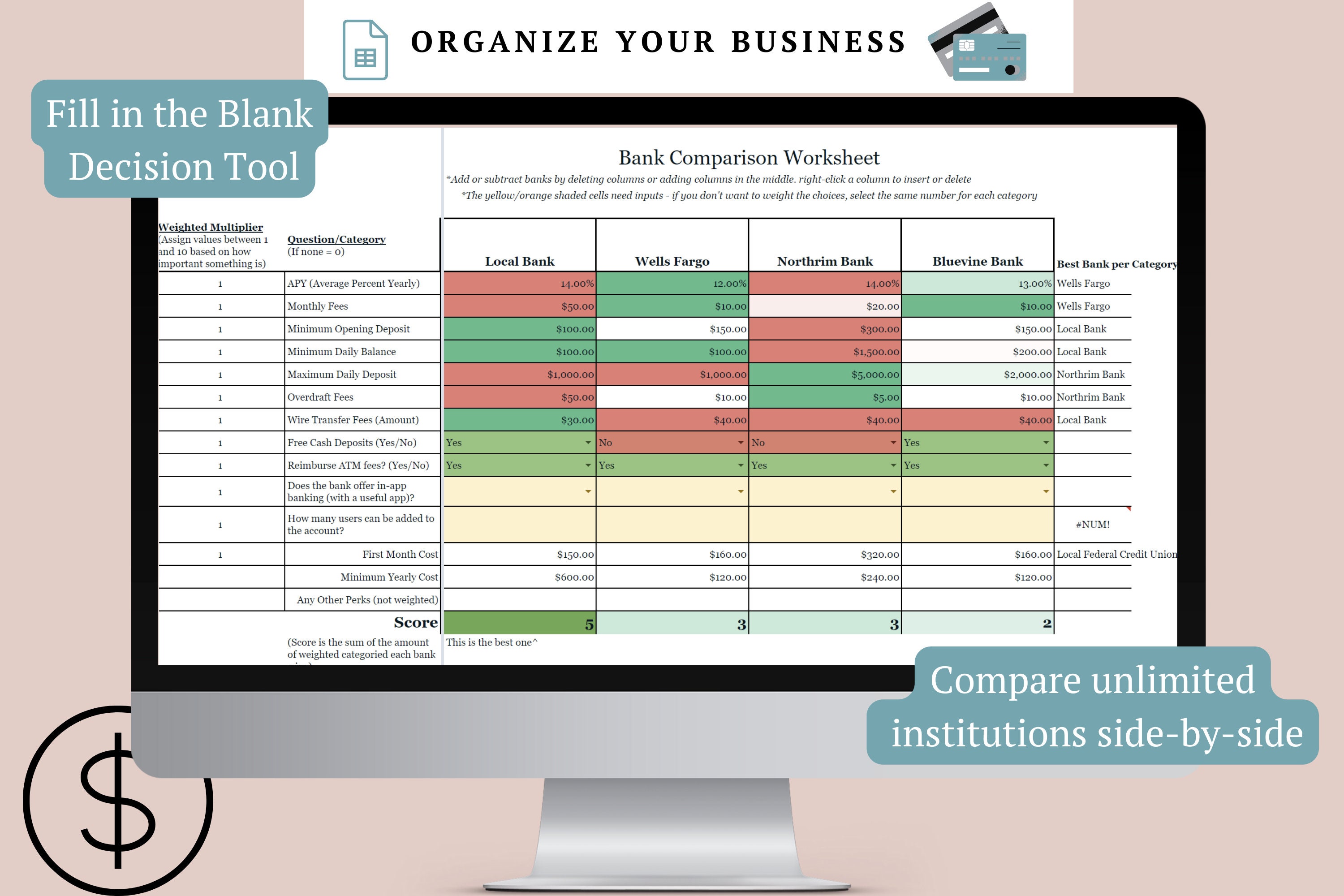 Bank Comparison Worksheet Spreadsheet | Compare Rates | Side by Side ...