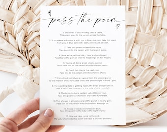 Pass the Poem Bridal Shower Game, Minimalist Bridal Shower Game Pass ...
