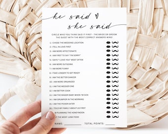 He Said She Said Game Card, Bridal Shower Game, Printable He Said She ...
