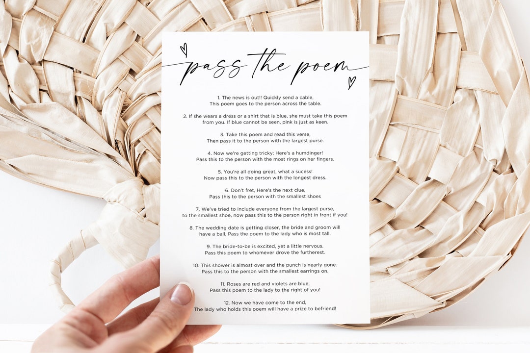 Pass the Poem Bridal Shower Game, Minimalist Bridal Shower Game Pass ...