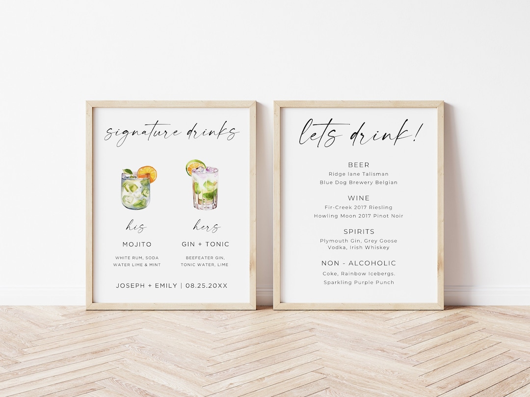 Signature Drink and Bar Menu Sign, His and Hers Drinks Sign, Wedding ...