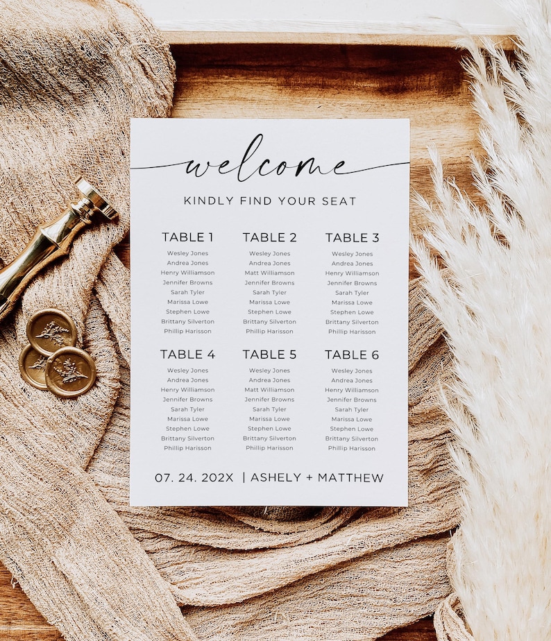 Seating Chart Template for Small Wedding, Minimalist Seating Chart ...