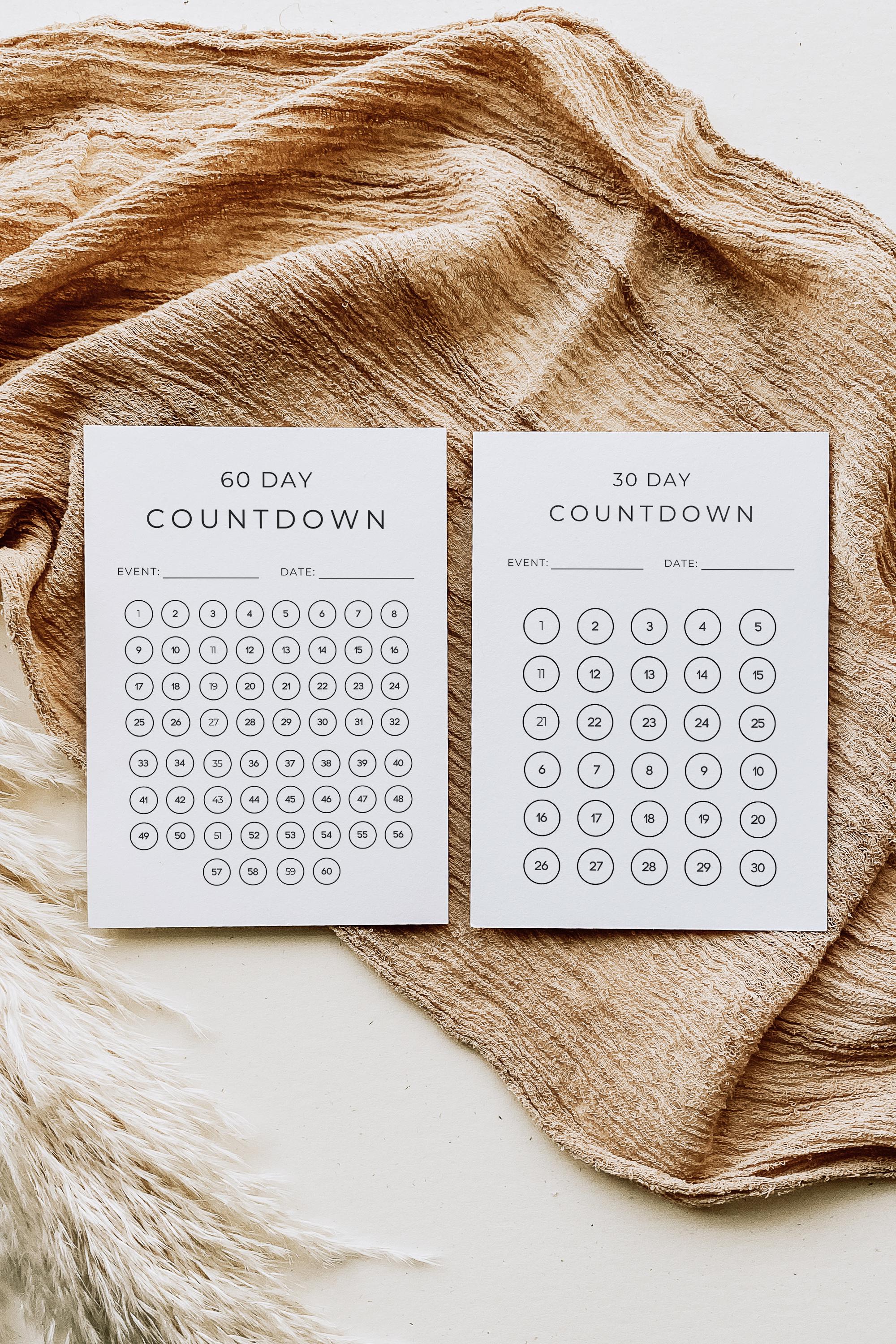 30, 60, 90, 100 Day Countdown, Printable Template, Countdown Calendar ...