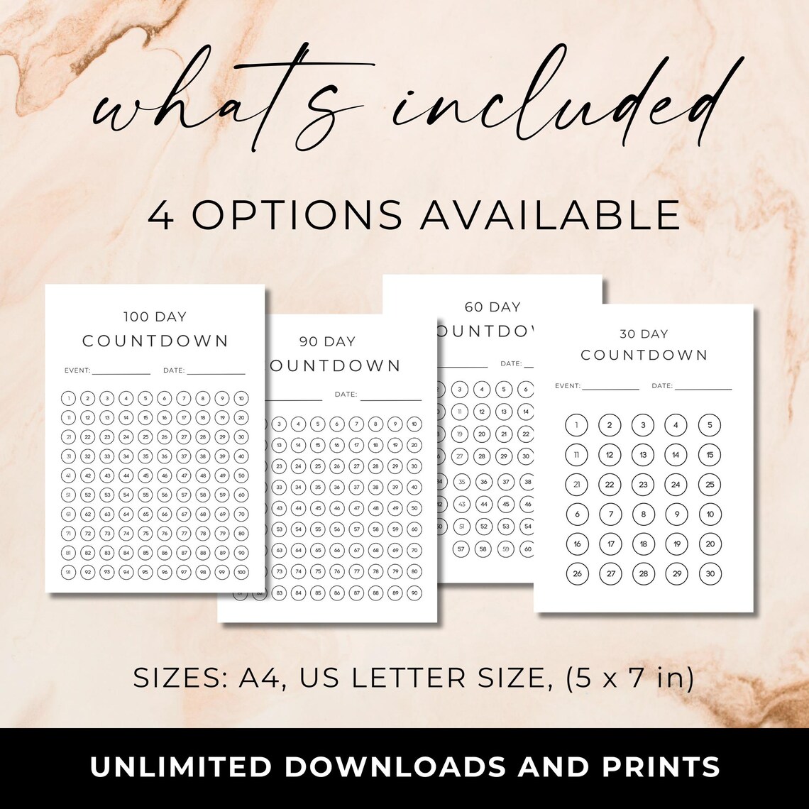 30, 60, 90, 100 Day Countdown, Printable Template, Countdown Calendar ...
