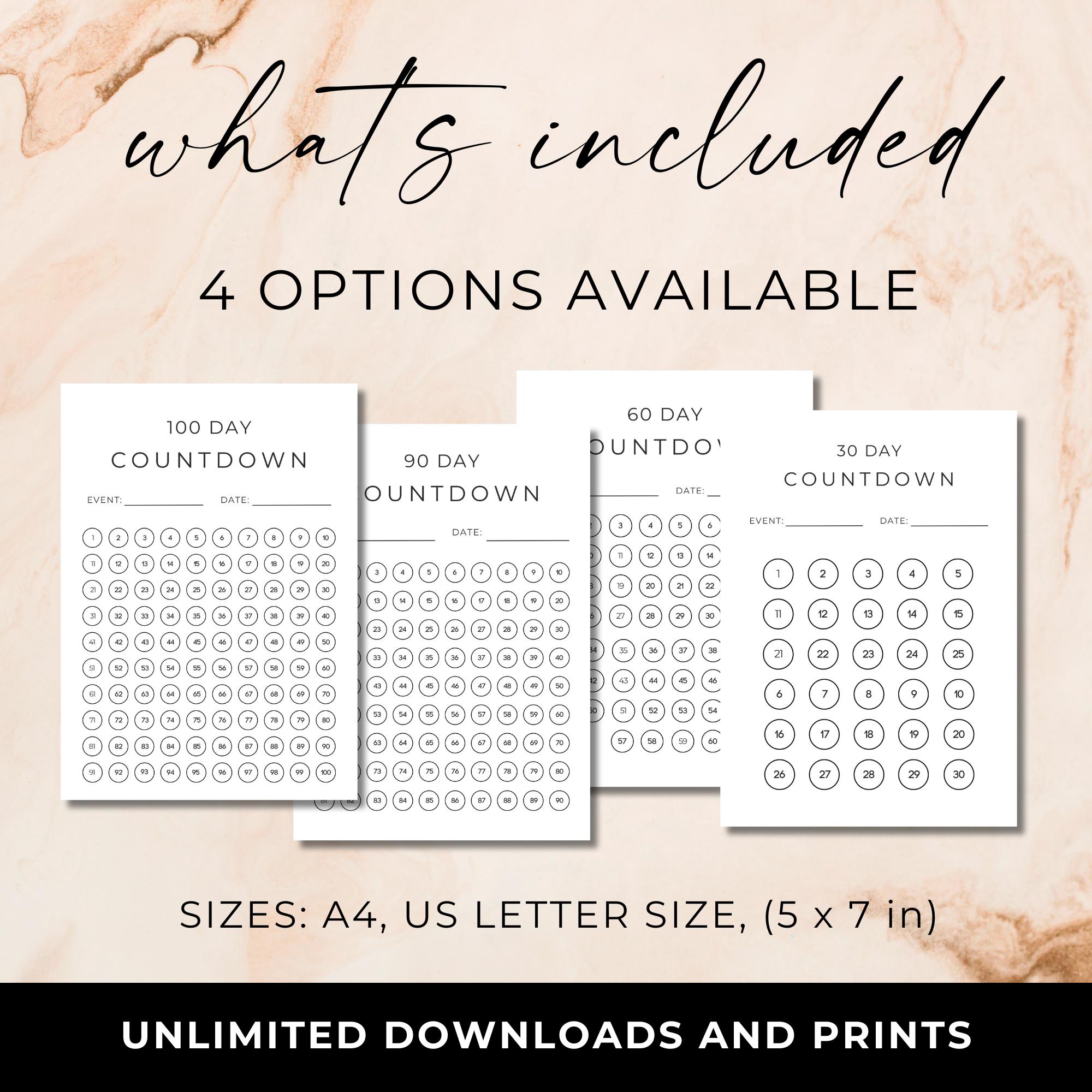 30, 60, 90, 100 Day Countdown, Printable Template, Countdown Calendar ...