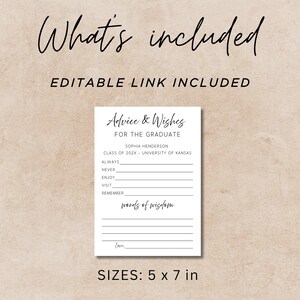 Advice and Wishes Card for Graduate, Editable Minimal Graduation Party ...
