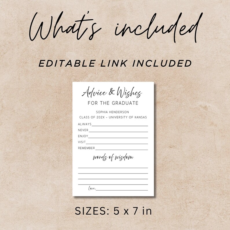 Advice and Wishes Card for Graduate, Editable Minimal Graduation Party ...