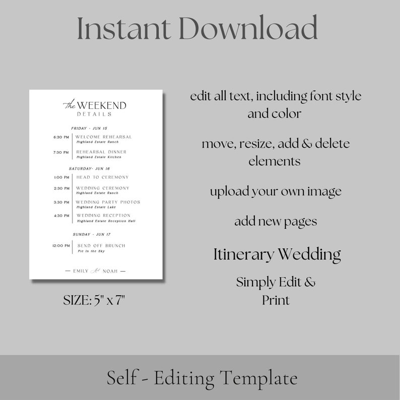 Itinerary Wedding Weekend Day Timeline Template Modern Weekend - Etsy