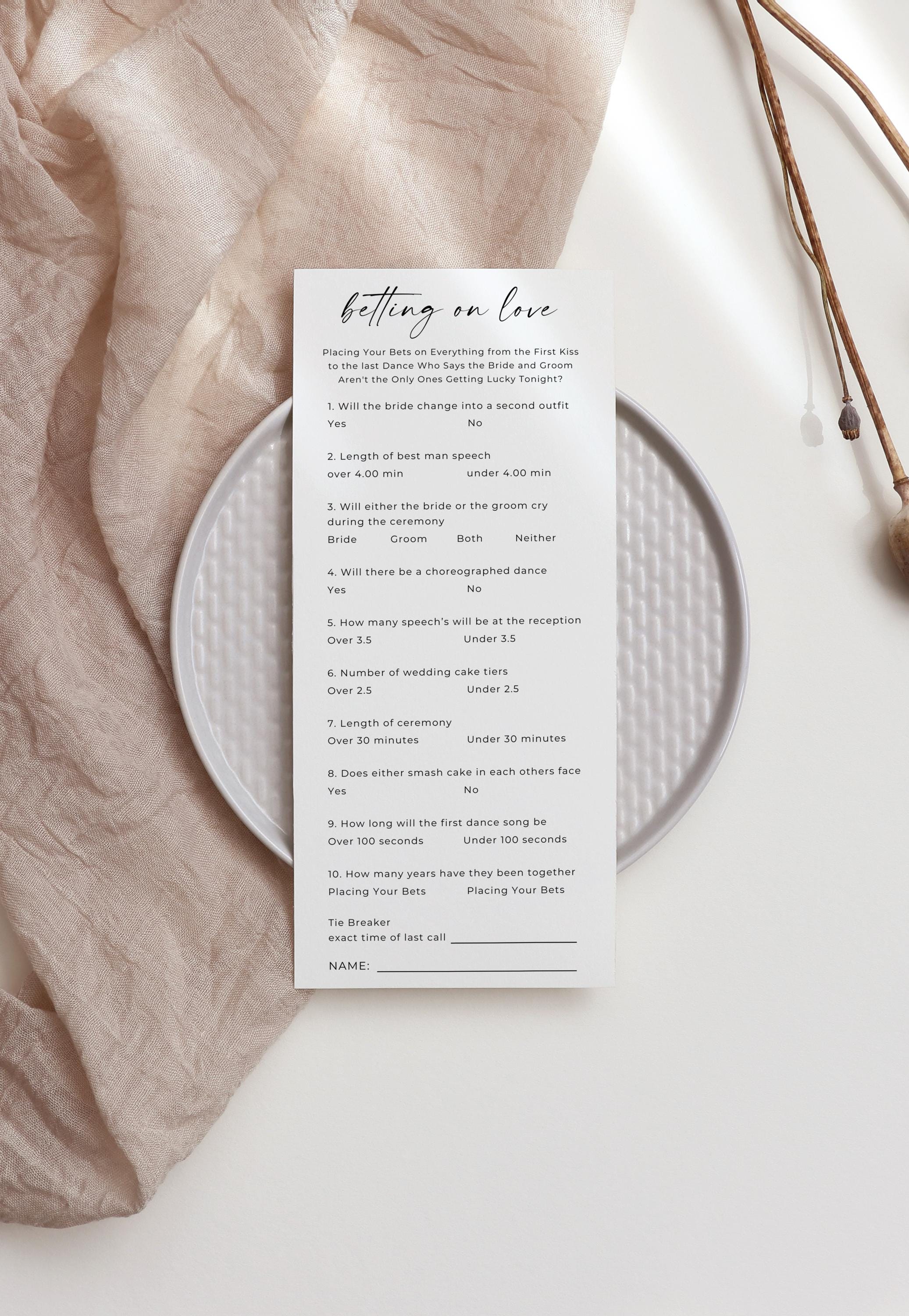 Wedding Prop Bet Sheet, Wedding Place Your Bets, Fun Reception Game ...
