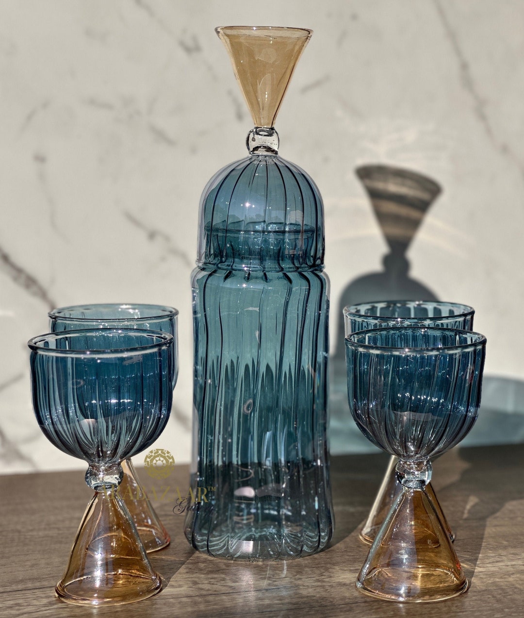 Egyptian Hand Blown Swirl Glass Decanter Set, Vintage Glassware ...