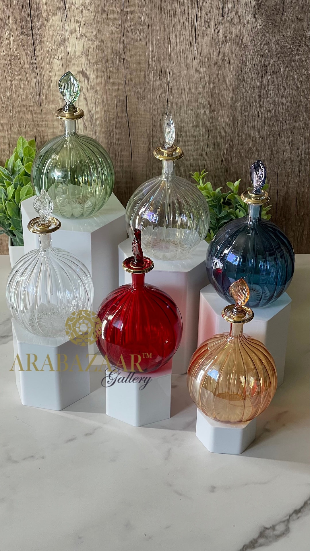 Egyptian Hand Blown Swirl Glass Empty Perfume Bottle Flat Globe Shape ...