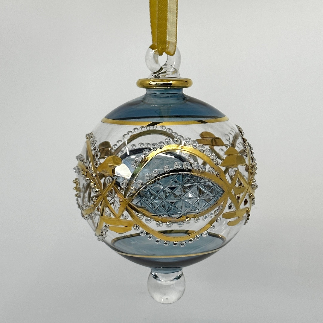Fancy Blown Glass Ball Ornament W/ Hand Painted Geometric Design ...