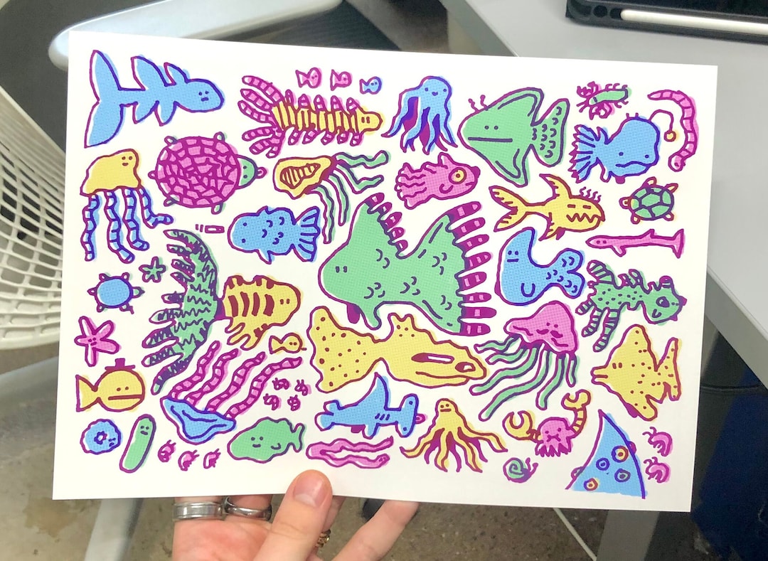Illustrated Colourful Doodle Fish Art Print Poster Matte Finish - Etsy