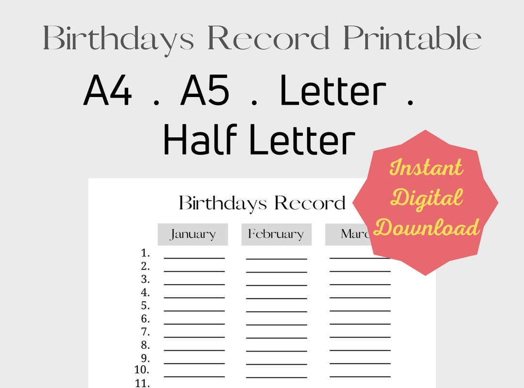 Birthdays Record Printable, Birthday Tracker, A4, A5, US Letter, Half ...