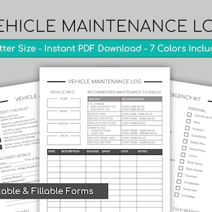 Vehicle Maintenance Form | Printable & Fillable PDF | Maintenance Log ...