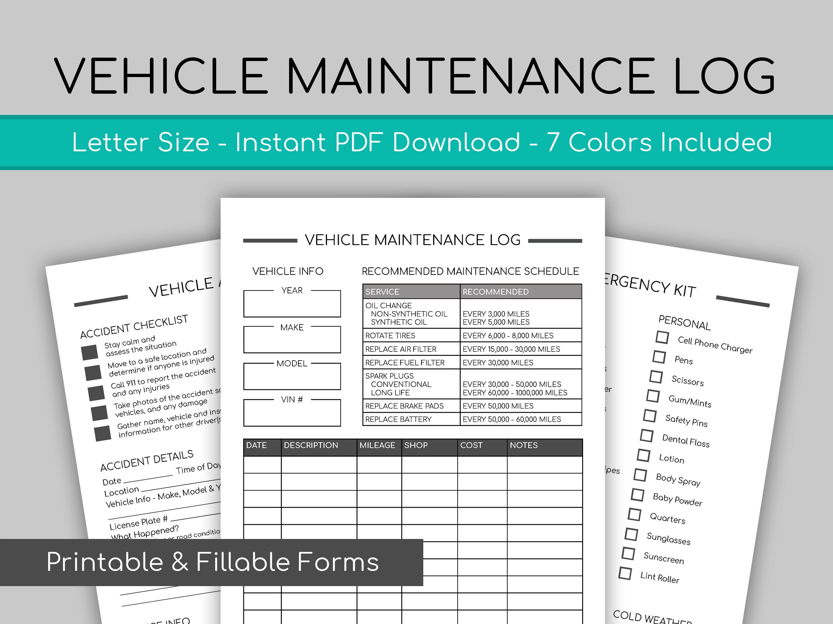 Vehicle Maintenance Form | Printable & Fillable PDF | Maintenance Log ...