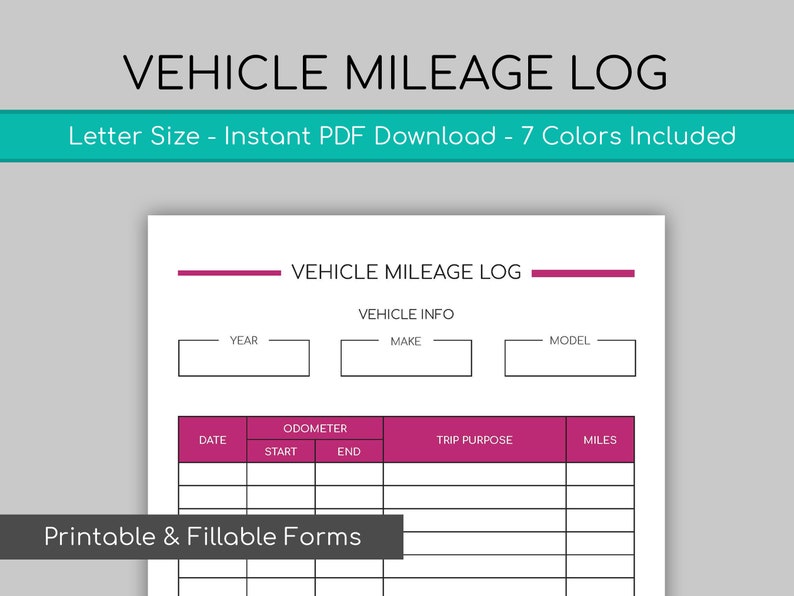 Vehicle Mileage Form | Printable & Fillable PDF | Mileage Log | Mileage ...