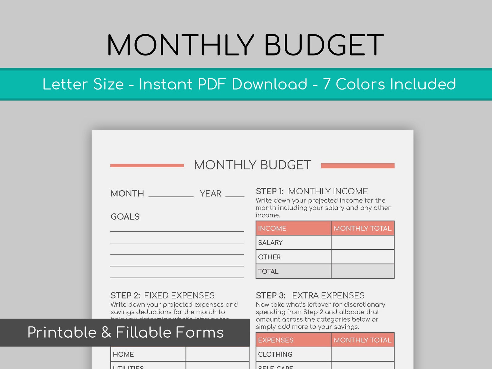 Monthly Budget Form | Printable & Fillable PDF | Income | Expenses ...
