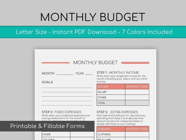 Monthly Budget Form | Printable & Fillable PDF | Income | Expenses ...