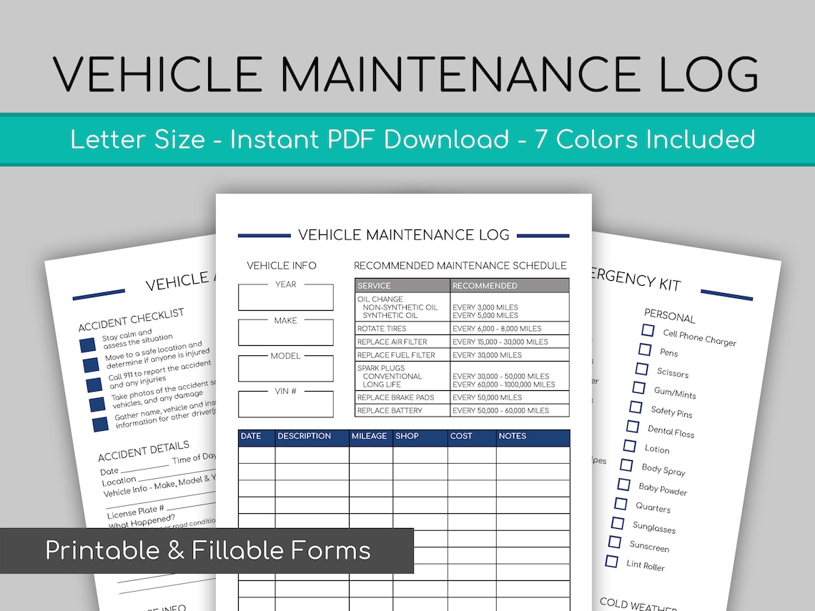 Vehicle Maintenance Form | Printable & Fillable PDF | Maintenance Log ...