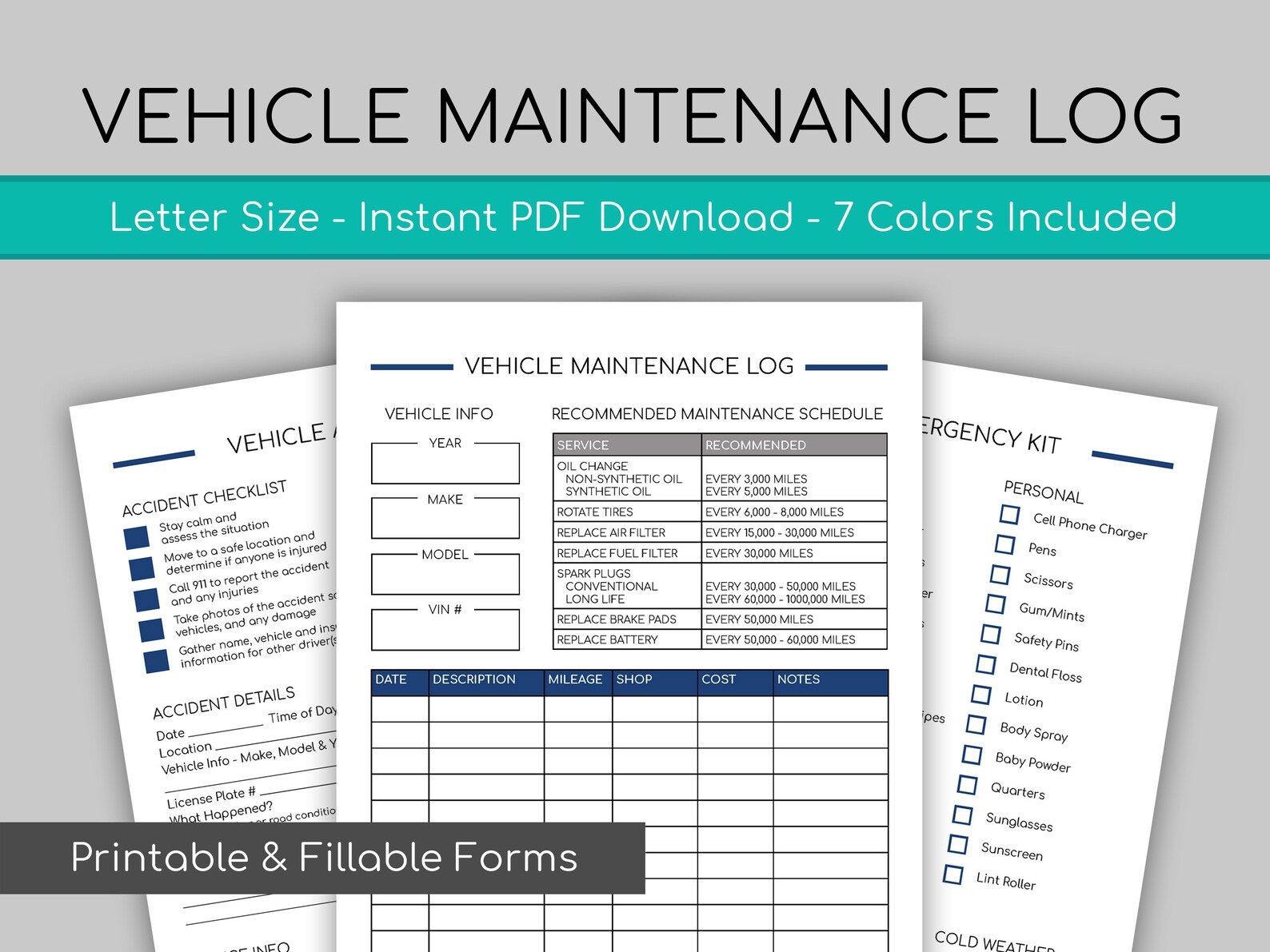 Vehicle Maintenance Form | Printable & Fillable PDF | Maintenance Log ...