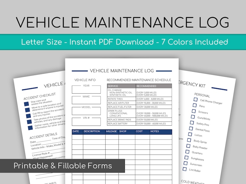 Vehicle Maintenance Form | Printable & Fillable PDF | Maintenance Log ...