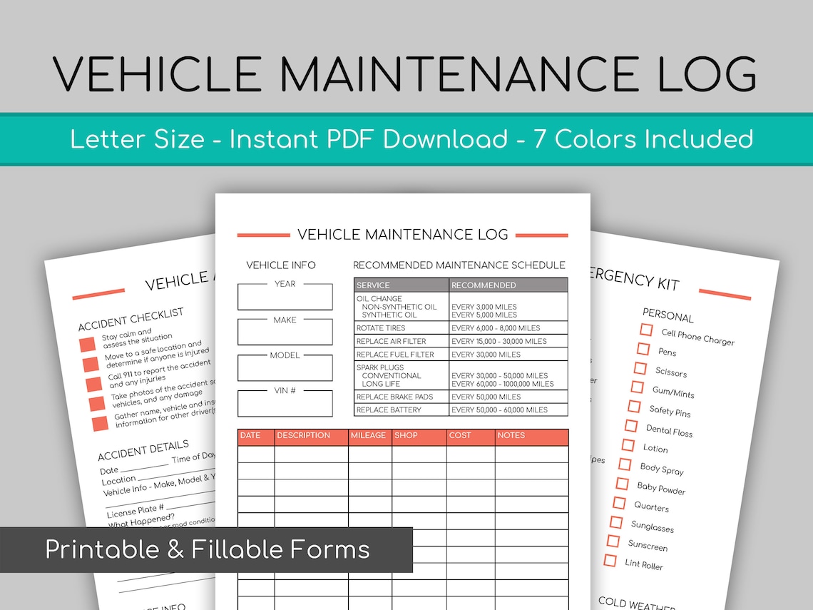 Vehicle Maintenance Form | Printable & Fillable PDF | Maintenance Log ...