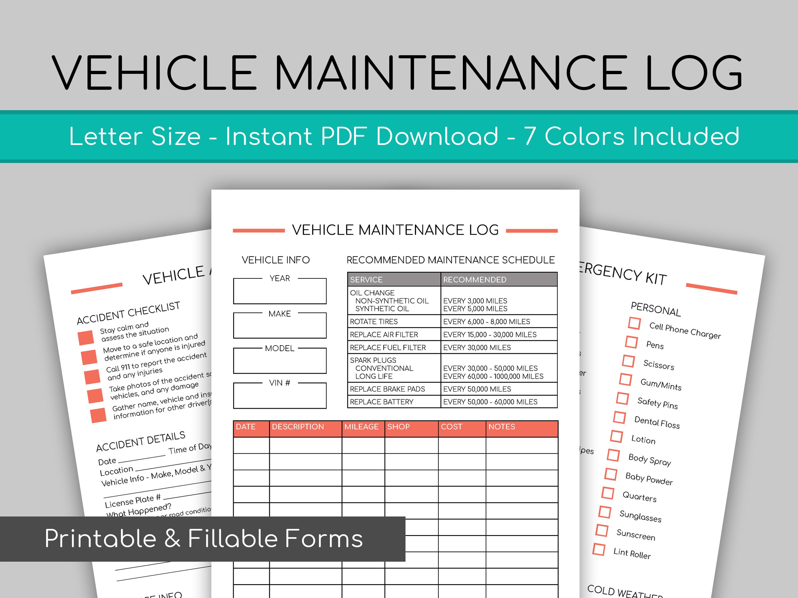 Vehicle Maintenance Form | Printable & Fillable PDF | Maintenance Log ...