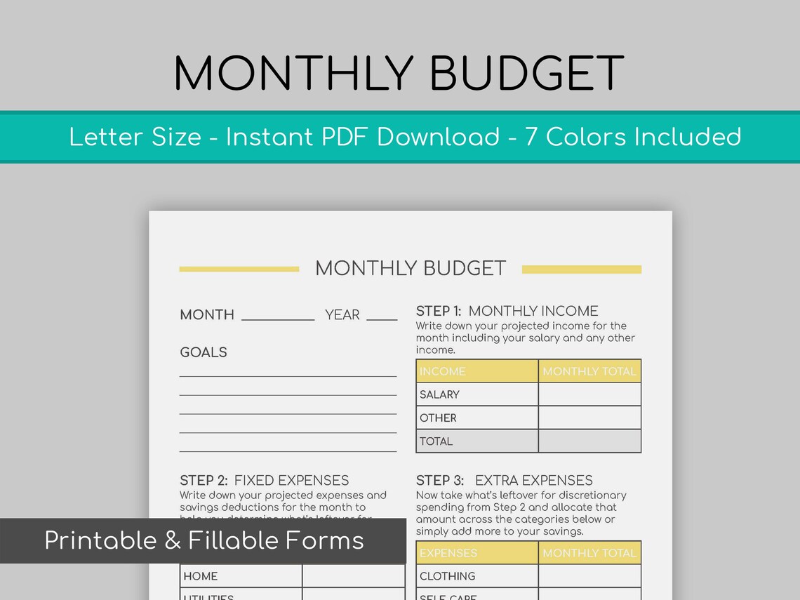 Monthly Budget Form | Printable & Fillable PDF | Income | Expenses ...