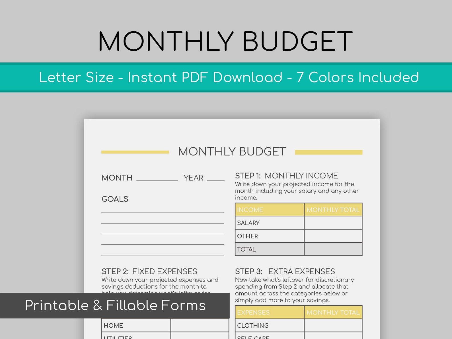 Monthly Budget Form | Printable & Fillable PDF | Income | Expenses ...