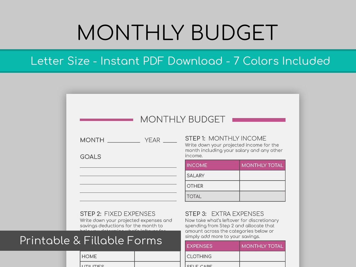 Monthly Budget Form | Printable & Fillable PDF | Income | Expenses ...