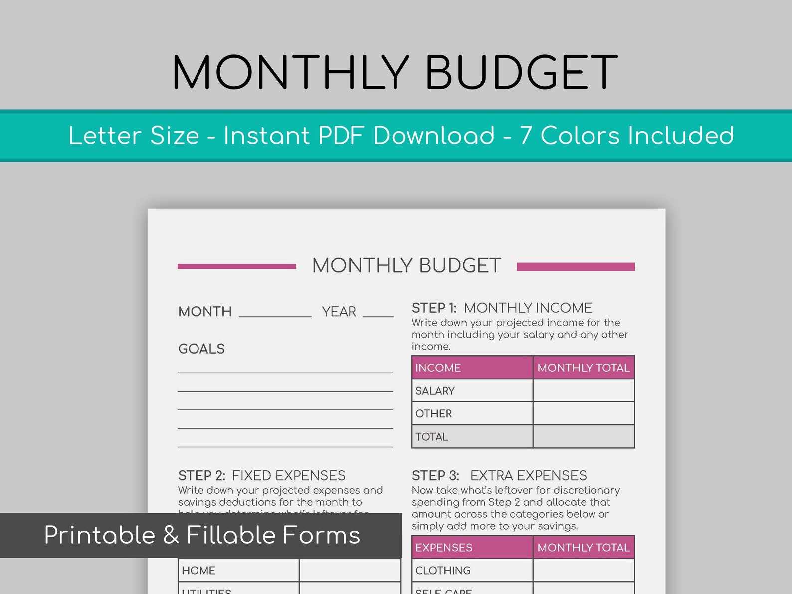 Monthly Budget Form | Printable & Fillable PDF | Income | Expenses ...