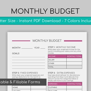 Monthly Budget Form | Printable & Fillable PDF | Income | Expenses ...