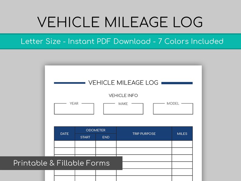 Vehicle Mileage Form | Printable & Fillable PDF | Mileage Log | Mileage ...