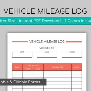 Vehicle Mileage Form | Printable & Fillable PDF | Mileage Log | Mileage ...