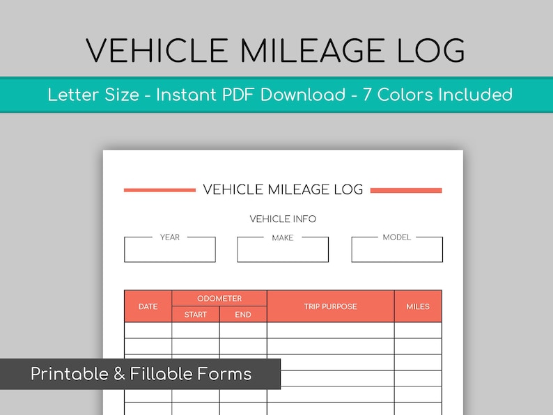 Vehicle Mileage Form | Printable & Fillable PDF | Mileage Log | Mileage ...
