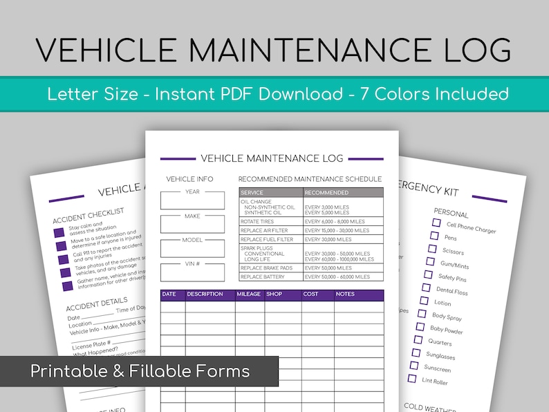 Vehicle Maintenance Form | Printable & Fillable PDF | Maintenance Log ...
