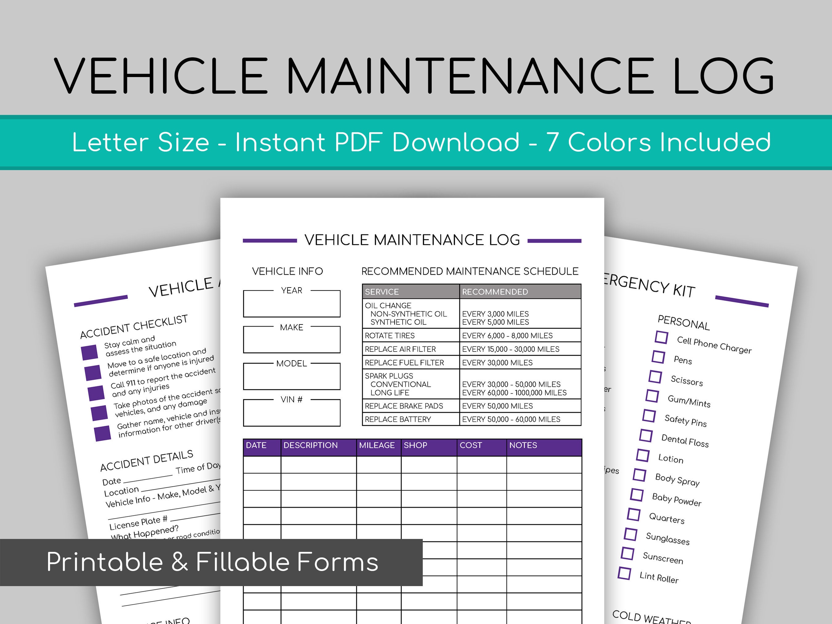 Vehicle Maintenance Form | Printable & Fillable PDF | Maintenance Log ...