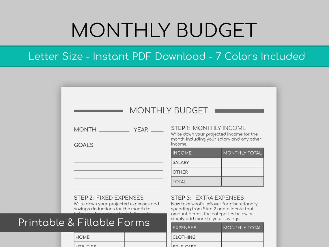 Monthly Budget Form | Printable & Fillable PDF | Income | Expenses ...