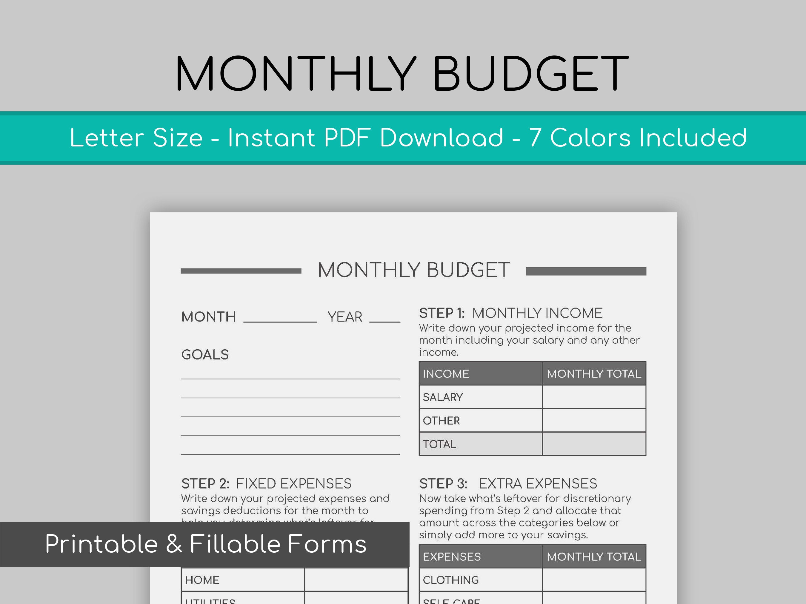 Monthly Budget Form | Printable & Fillable PDF | Income | Expenses ...