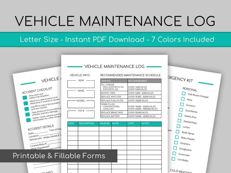 Vehicle Maintenance Form | Printable & Fillable PDF | Maintenance Log ...