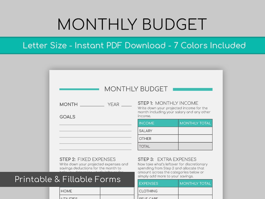 Monthly Budget Form | Printable & Fillable PDF | Income | Expenses ...