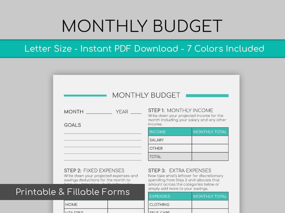 Monthly Budget Form | Printable & Fillable PDF | Income | Expenses ...