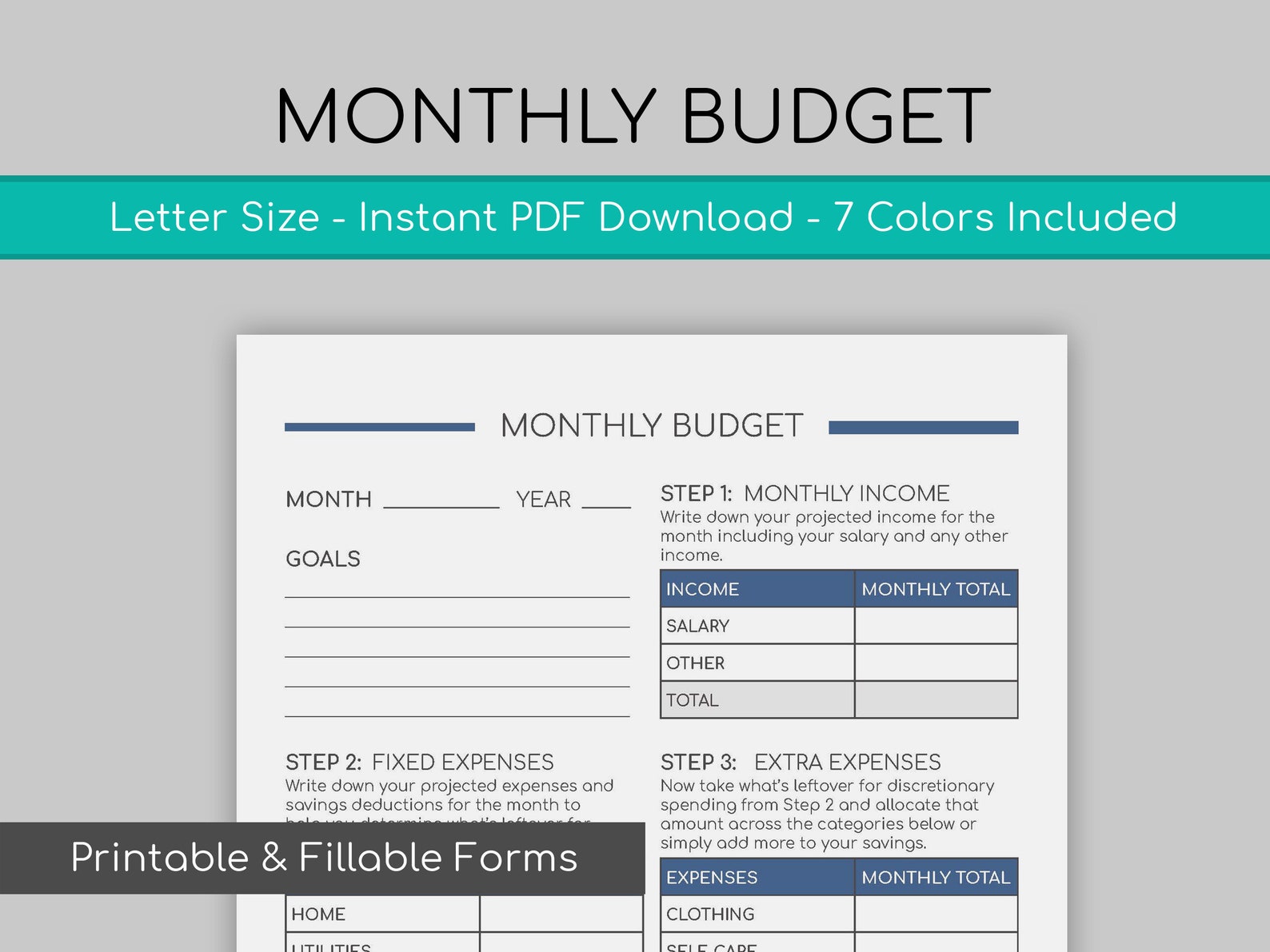 Monthly Budget Form | Printable & Fillable PDF | Income | Expenses ...